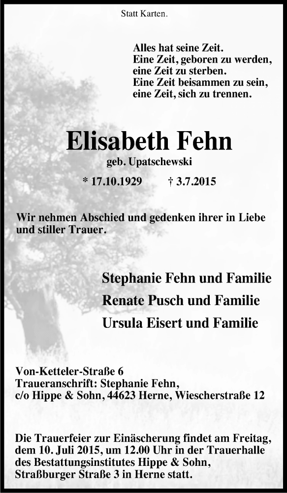 Traueranzeigen von Elisabeth Fehn | Trauer-in-NRW.de