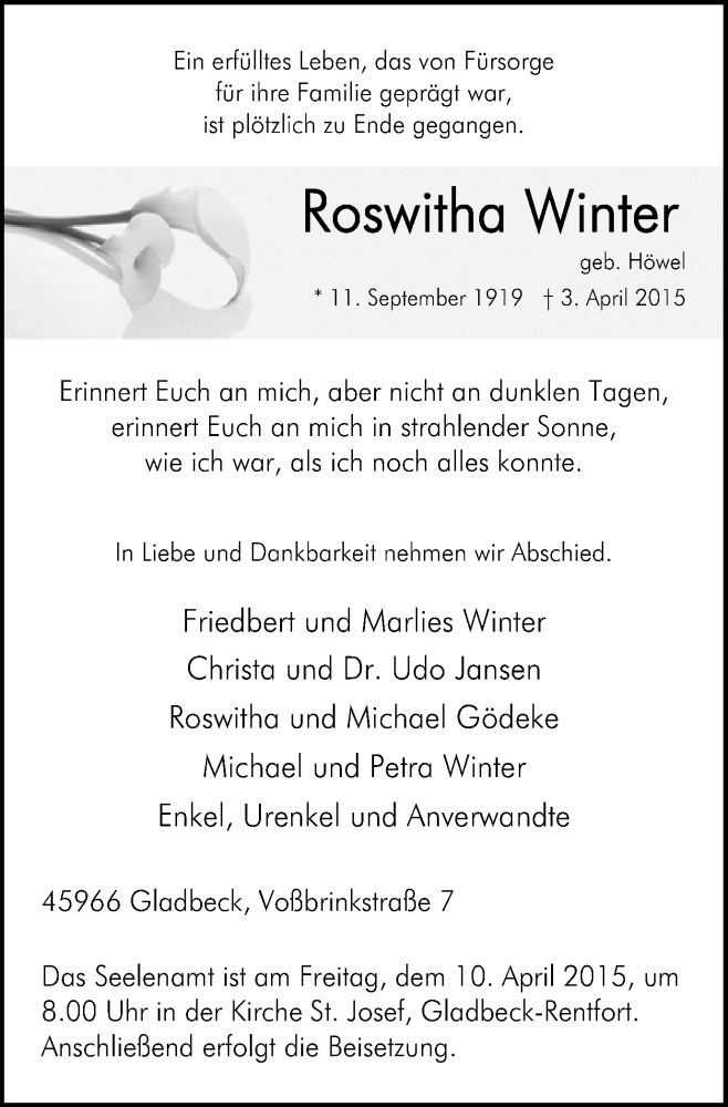 Traueranzeigen von Roswitha Winter | Trauer-in-NRW.de