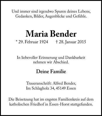 Traueranzeigen von Maria Bender | Trauer-in-NRW.de
