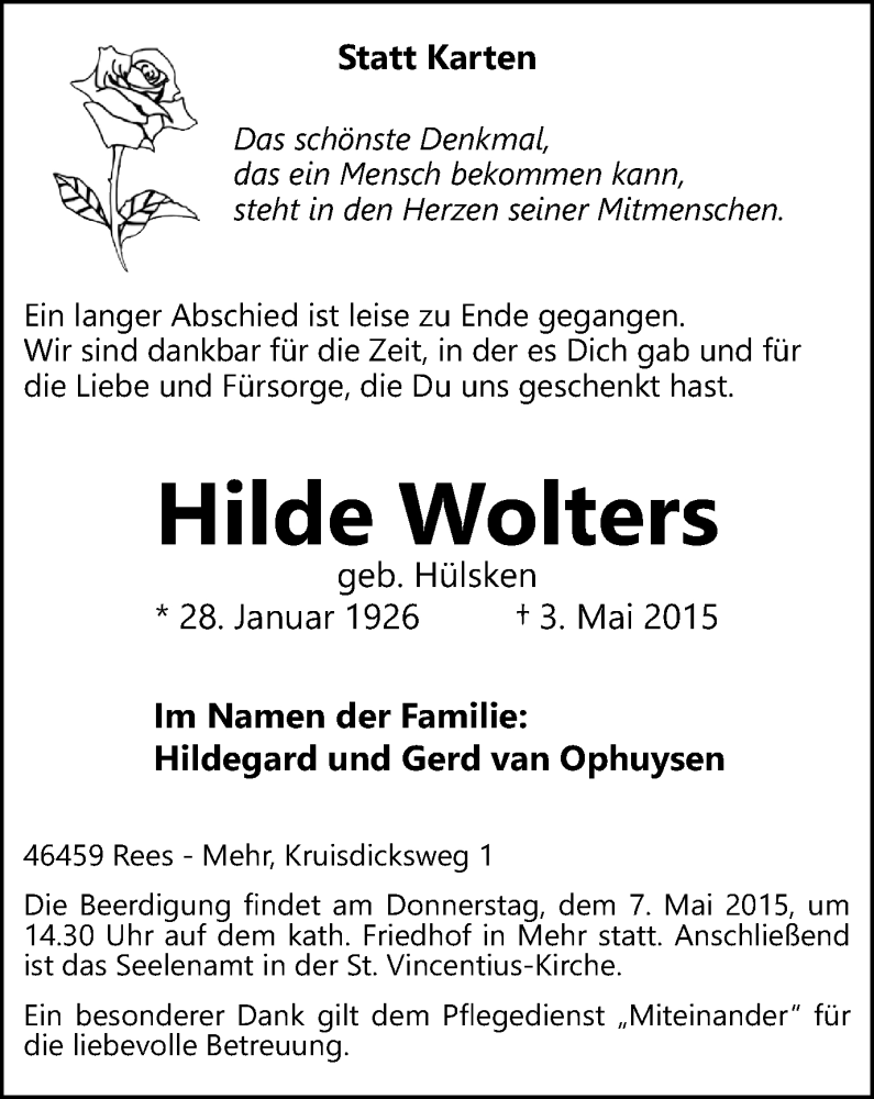 Traueranzeigen von Hilde Wolters | Trauer-in-NRW.de