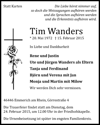 Traueranzeigen von Tim Wanders | Trauer-in-NRW.de