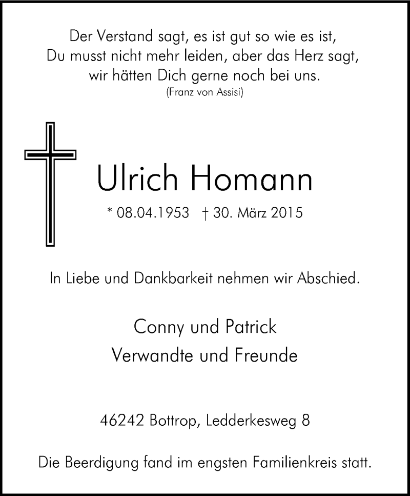 Traueranzeigen von Ulrich Homann | Trauer-in-NRW.de