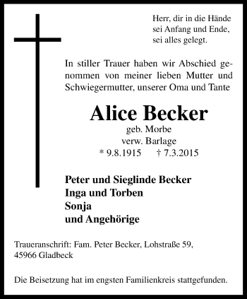 Traueranzeigen von Alice Becker | Trauer-in-NRW.de