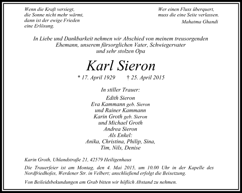 Traueranzeigen von Karl Sieron | Trauer-in-NRW.de