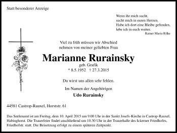 Traueranzeigen von Marianne Rurainsky | Trauer-in-NRW.de