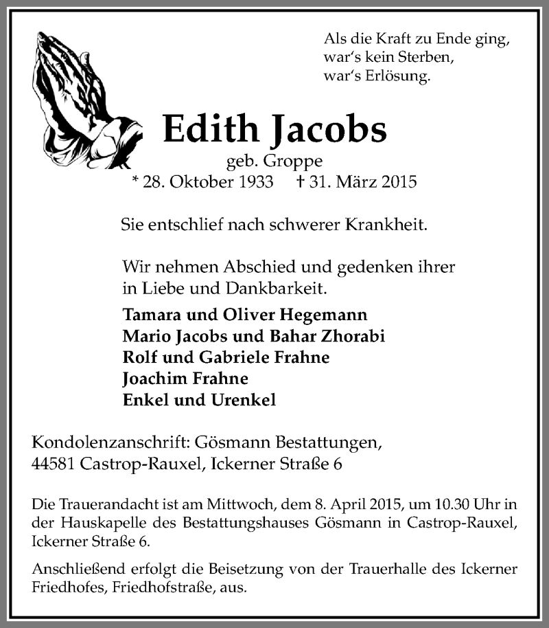 Traueranzeigen von Edith Jacobs | Trauer-in-NRW.de