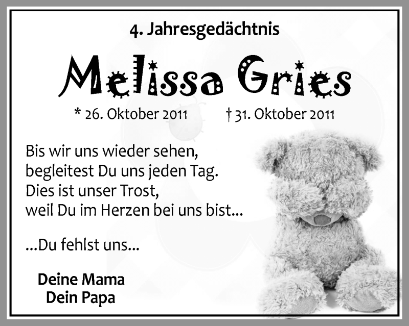 Traueranzeigen von Melissa Gries | Trauer-in-NRW.de