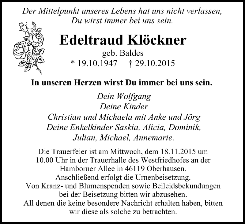 Traueranzeigen von Edeltraud Klöckner | Trauer-in-NRW.de