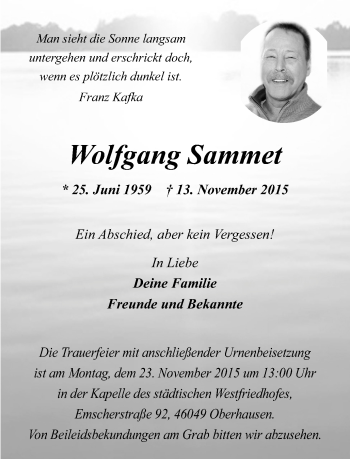Traueranzeigen von Wolfgang Sammet | Trauer-in-NRW.de