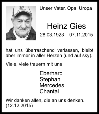 Traueranzeigen von Heinz Gies | Trauer-in-NRW.de