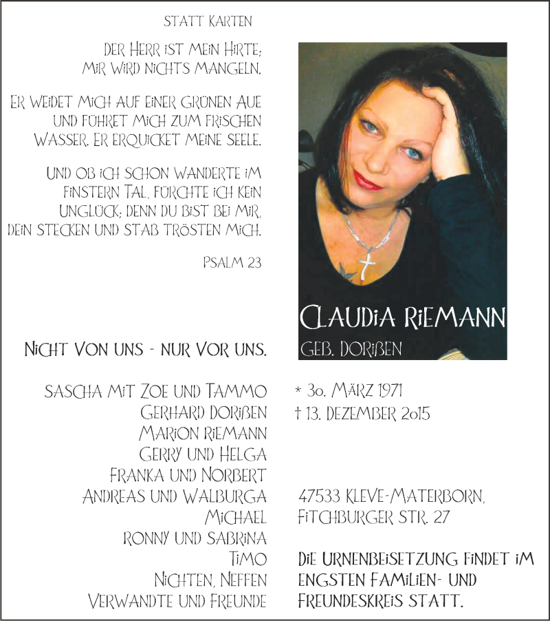 Traueranzeigen von Claudia Riemann | Trauer-in-NRW.de
