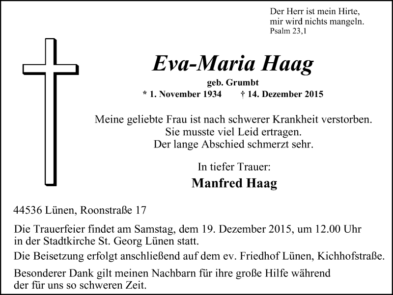 Traueranzeigen von Eva-Maria Haag | Trauer-in-NRW.de