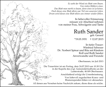 Traueranzeigen von Ruth Sander | Trauer-in-NRW.de