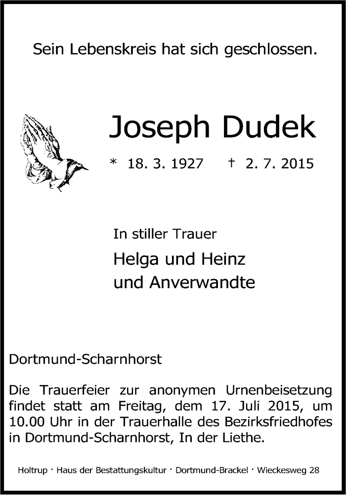 Traueranzeigen von Joseph Dudek | Trauer-in-NRW.de