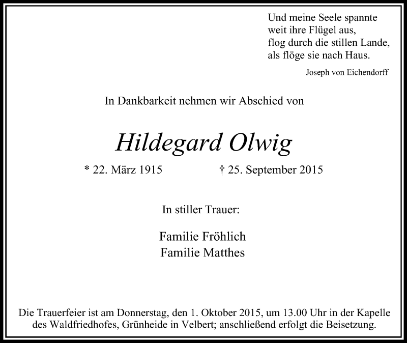 Traueranzeigen von Hildegard Olwig | Trauer-in-NRW.de