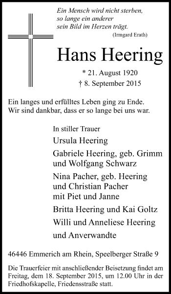 Traueranzeigen von Hans Heering | Trauer-in-NRW.de