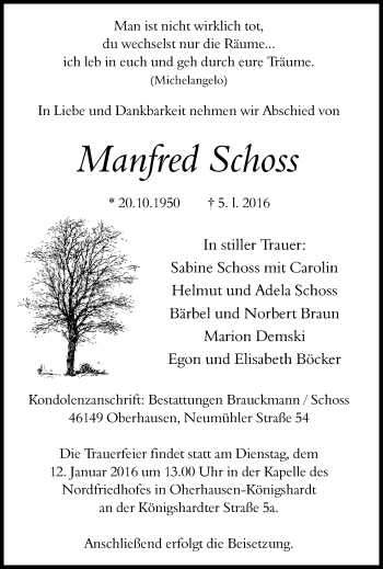 Traueranzeigen von Manfred Schoss | Trauer-in-NRW.de