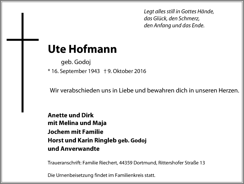 Traueranzeigen von Ute Hofmann | Trauer-in-NRW.de