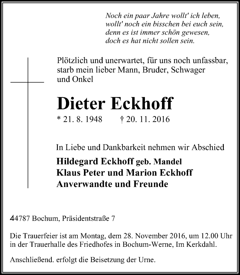 Traueranzeigen von Dieter Eckhoff | Trauer-in-NRW.de