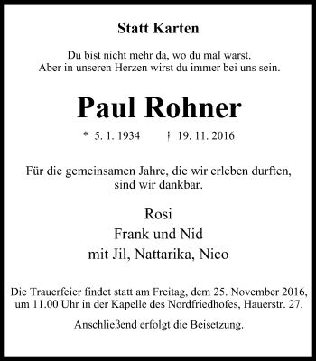 Traueranzeigen von Paul Rohner | Trauer-in-NRW.de