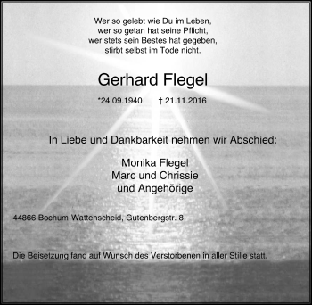 Traueranzeigen von Gerhard Flegel | Trauer-in-NRW.de
