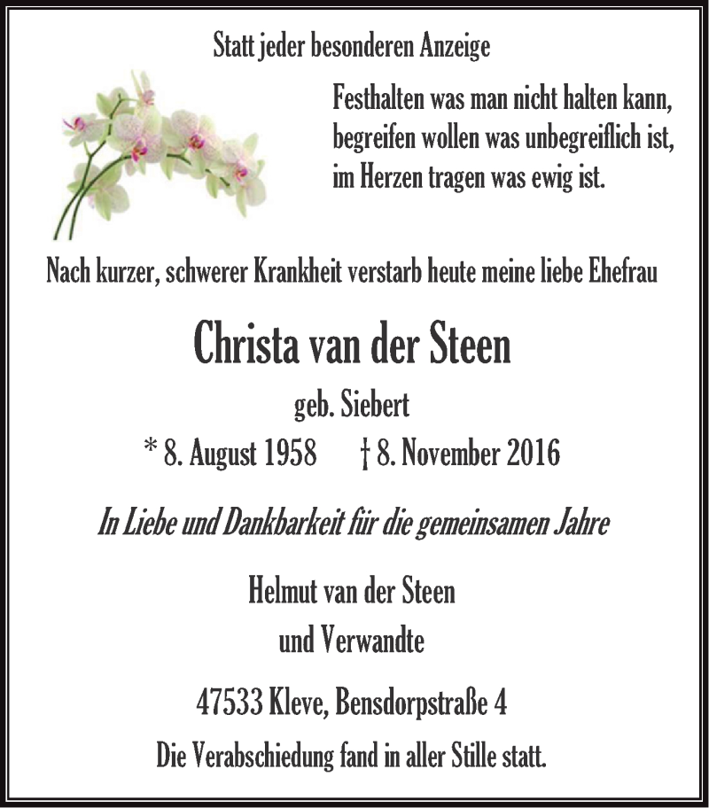 Traueranzeigen von Christa van der Steen | Trauer-in-NRW.de