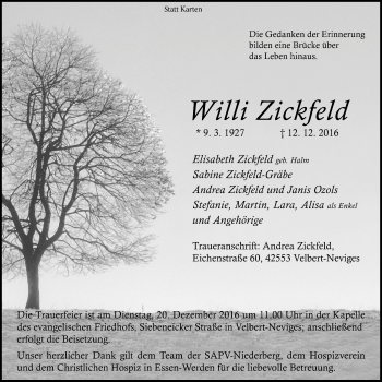 Traueranzeigen von Willi Zickfeld | Trauer-in-NRW.de