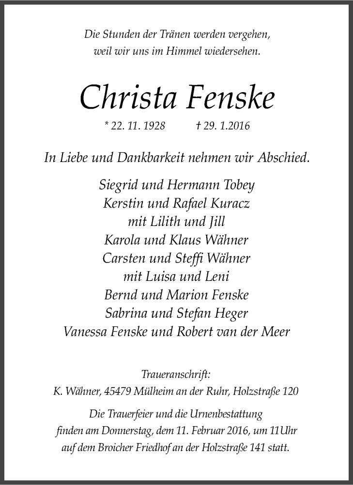 Traueranzeigen von Christa Fenske | Trauer-in-NRW.de