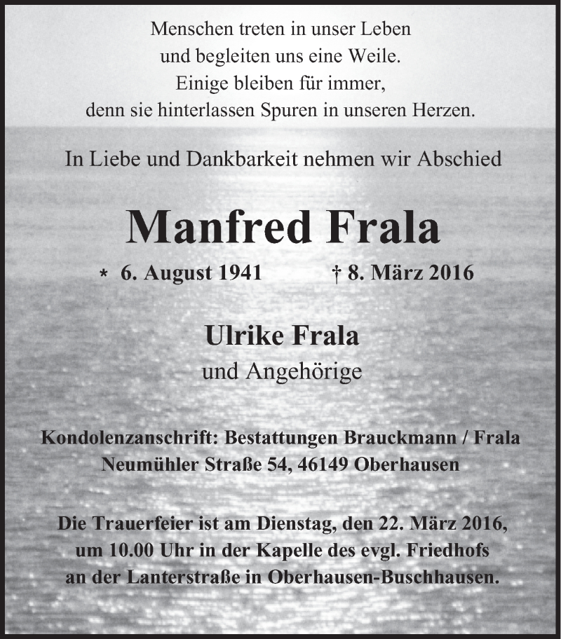 Traueranzeigen von Manfred Frala | Trauer-in-NRW.de
