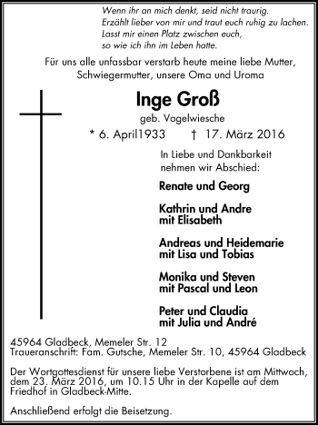 Traueranzeigen von Inge Groß | Trauer-in-NRW.de