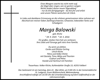 Traueranzeigen von Marga Balowski | Trauer-in-NRW.de