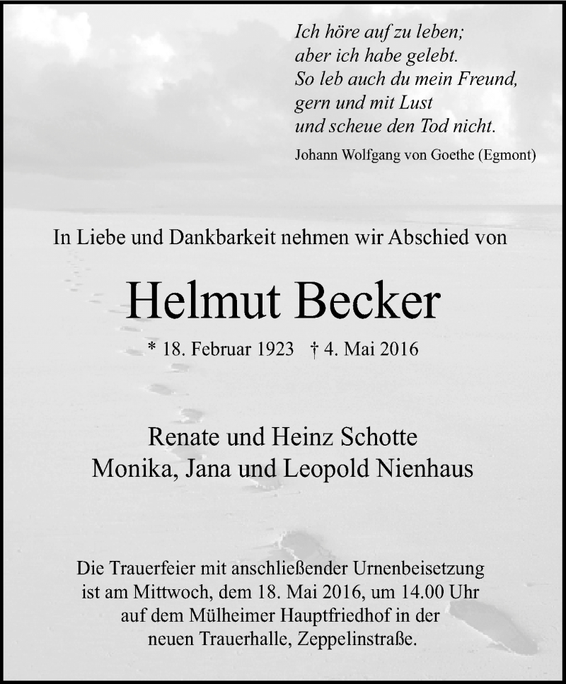 Traueranzeigen von Helmut Becker | Trauer-in-NRW.de