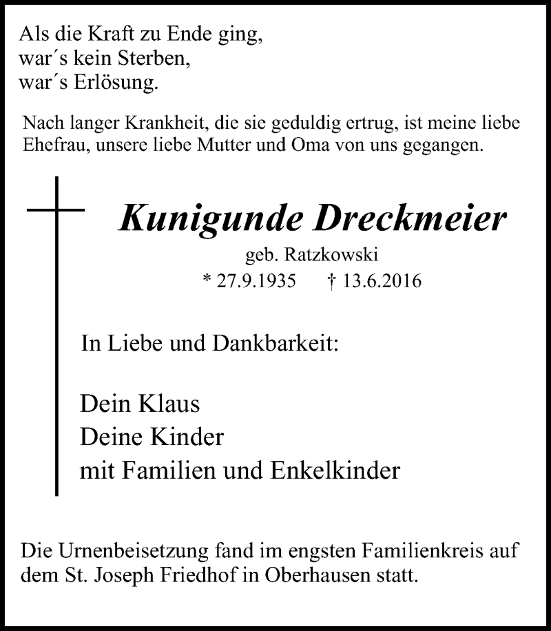 Traueranzeigen von Kunigunde Dreckmeier | Trauer-in-NRW.de