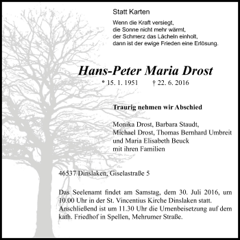 Traueranzeigen von Hans-Peter Maria Drost | Trauer-in-NRW.de