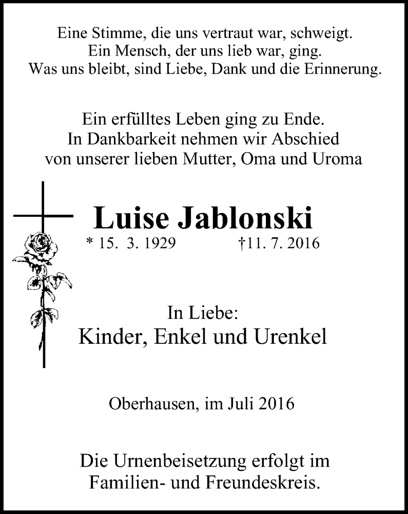 Traueranzeigen von Luise Jablonski | Trauer-in-NRW.de