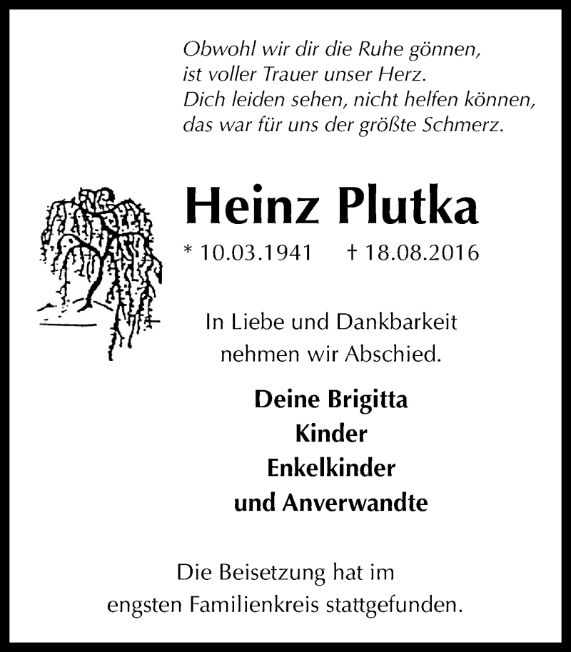 Traueranzeigen von Heinz Plutka | Trauer-in-NRW.de