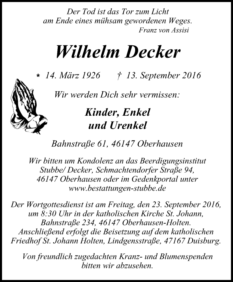 Traueranzeigen von Wilhelm Decker | Trauer-in-NRW.de