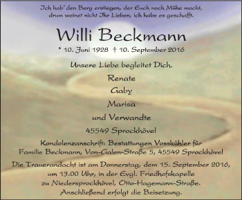 Traueranzeigen von Willi Beckmann | Trauer-in-NRW.de