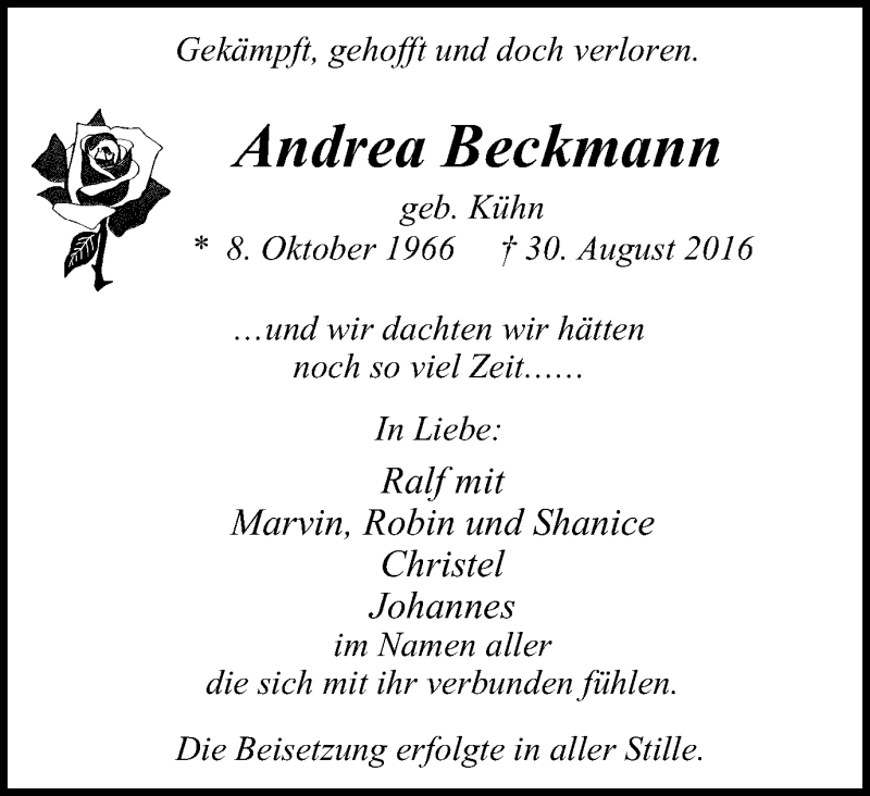 Traueranzeigen von Andrea Beckmann | Trauer-in-NRW.de