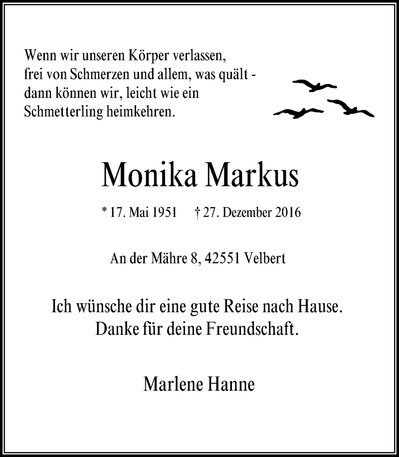 Traueranzeigen von Monika Markus | Trauer-in-NRW.de
