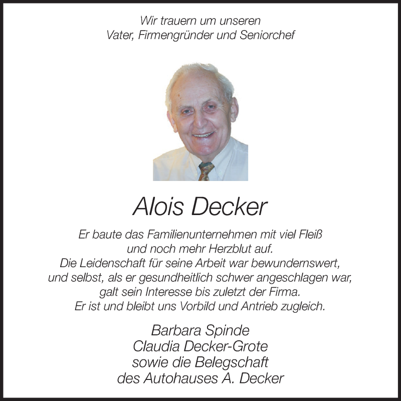 Traueranzeigen von Alois Decker | Trauer-in-NRW.de