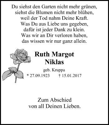 Traueranzeigen von Ruth Margot Niklas | Trauer-in-NRW.de