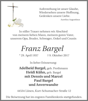 Traueranzeigen von Franz Bargel | Trauer-in-NRW.de