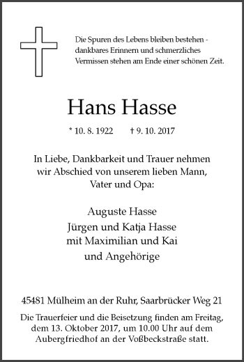 Traueranzeigen von Hans Hasse | Trauer-in-NRW.de