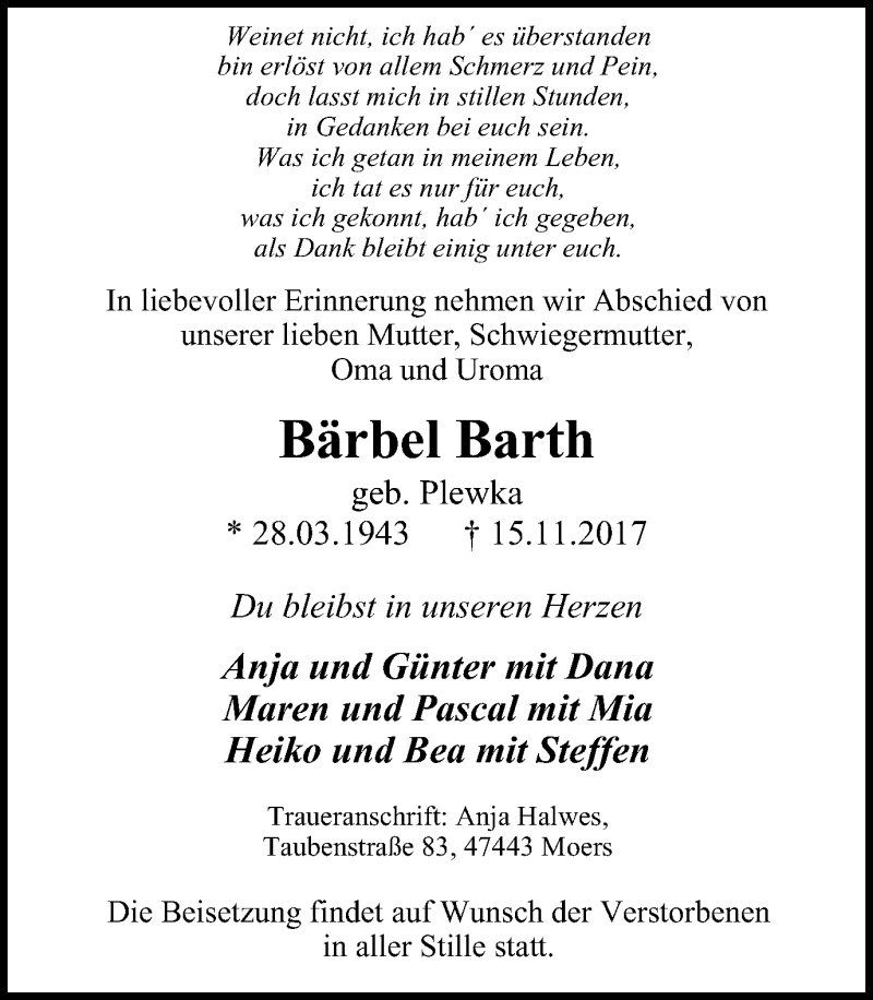 Traueranzeigen von Bärbel Barth | Trauer-in-NRW.de