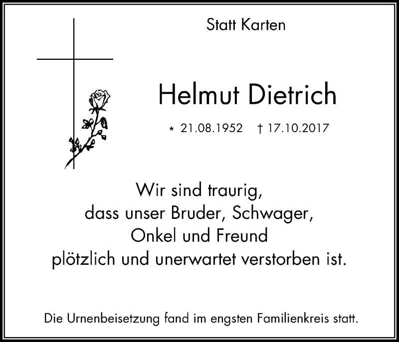 Traueranzeigen von Helmut Dietrich | Trauer-in-NRW.de