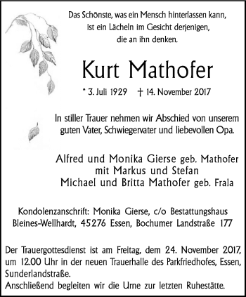 Traueranzeigen von Kurt Mathofer | Trauer-in-NRW.de