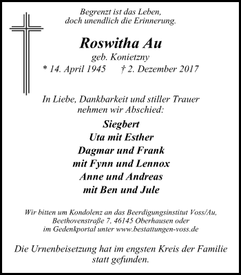 Traueranzeigen von Roswitha Au | Trauer-in-NRW.de