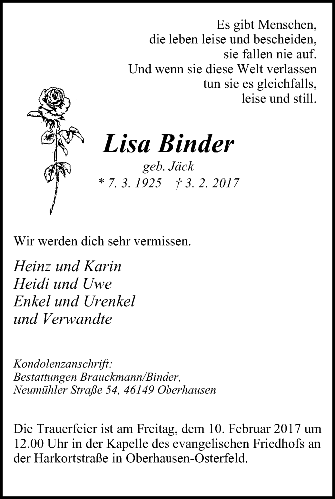 Traueranzeigen von Lisa Binder | Trauer-in-NRW.de