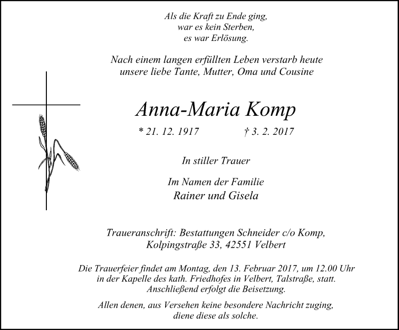 Traueranzeigen von Anna-Maria Komp | Trauer-in-NRW.de